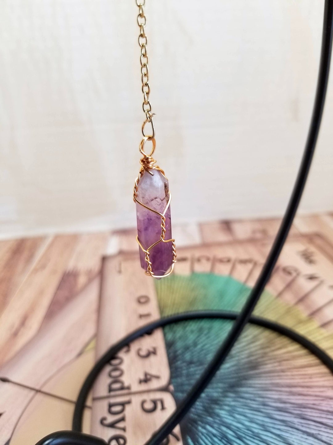 Amethyst Crystal Pendulum With Stand and Two Dowsing Cards Divination ...