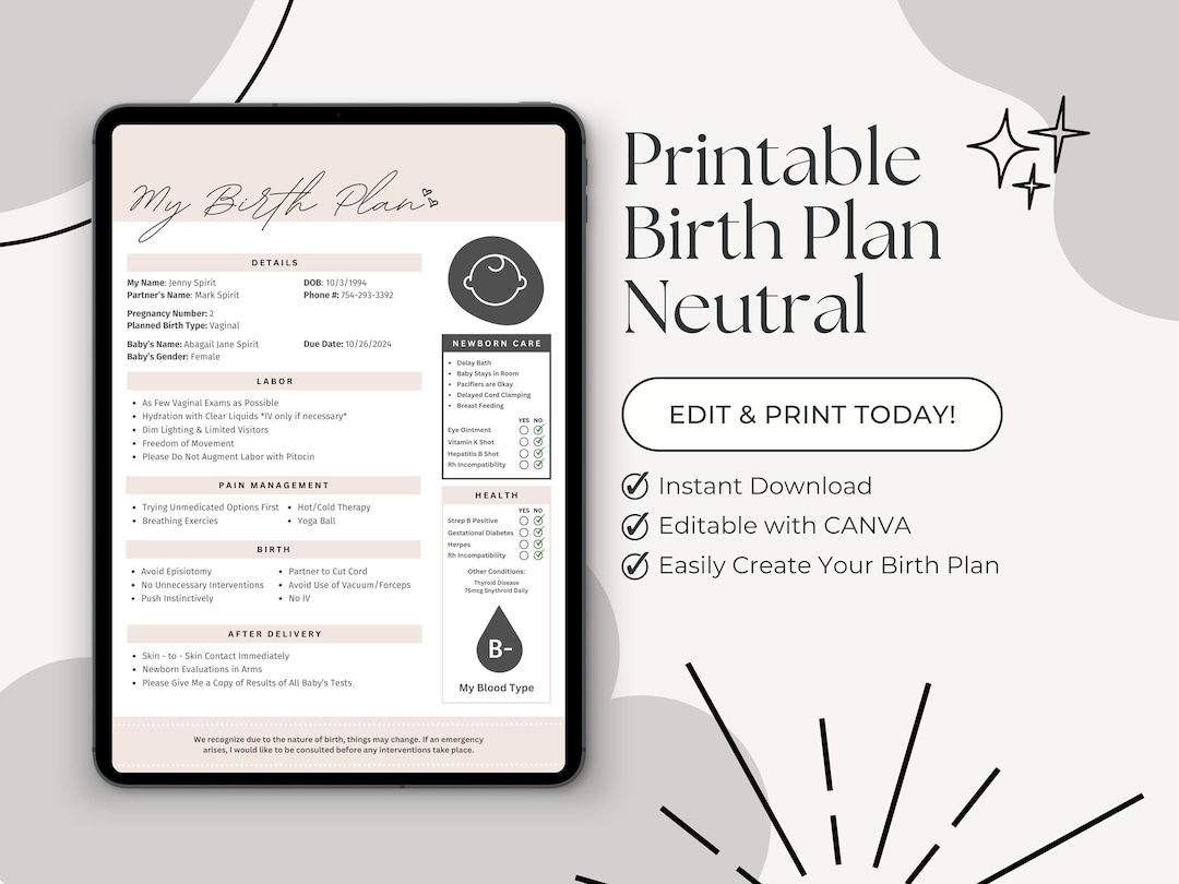 Editable Birth Plan Canva Birth Plan Template Birthing Plan Printable ...