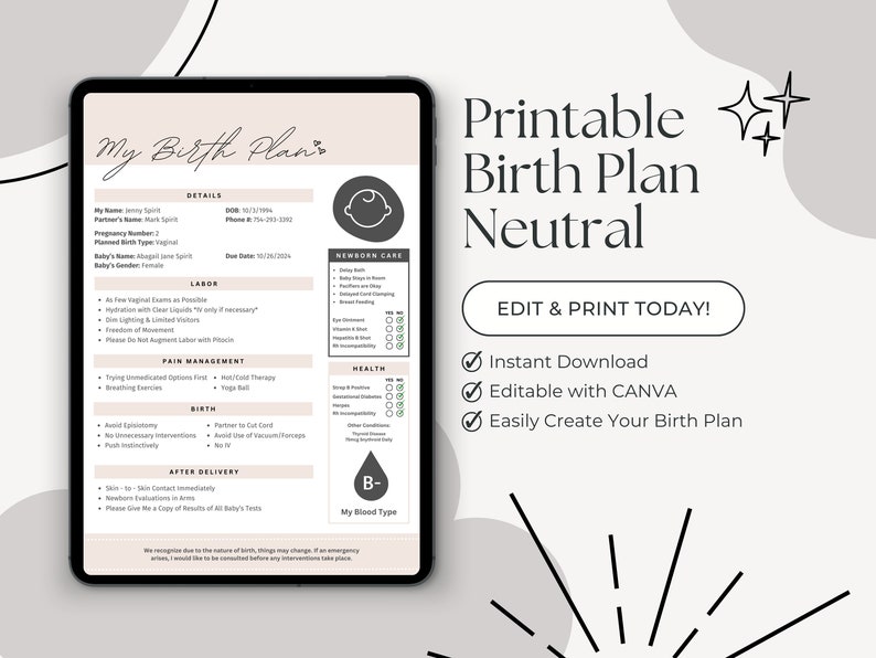 Editable Birth Plan Template: Natural Birthing Preferences (canva ...