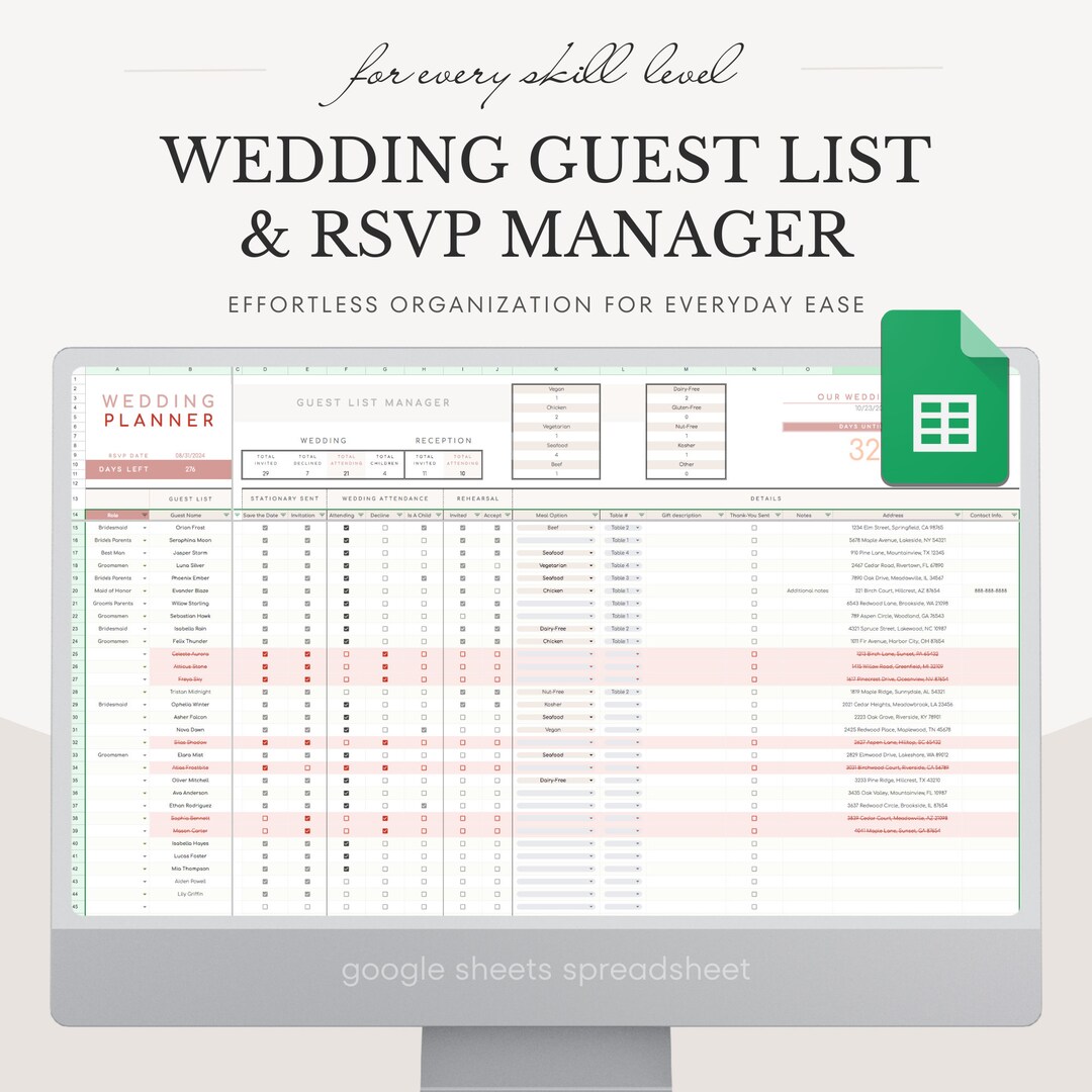 Guest List Manager Digital Wedding Planner Google Sheets Wedding ...