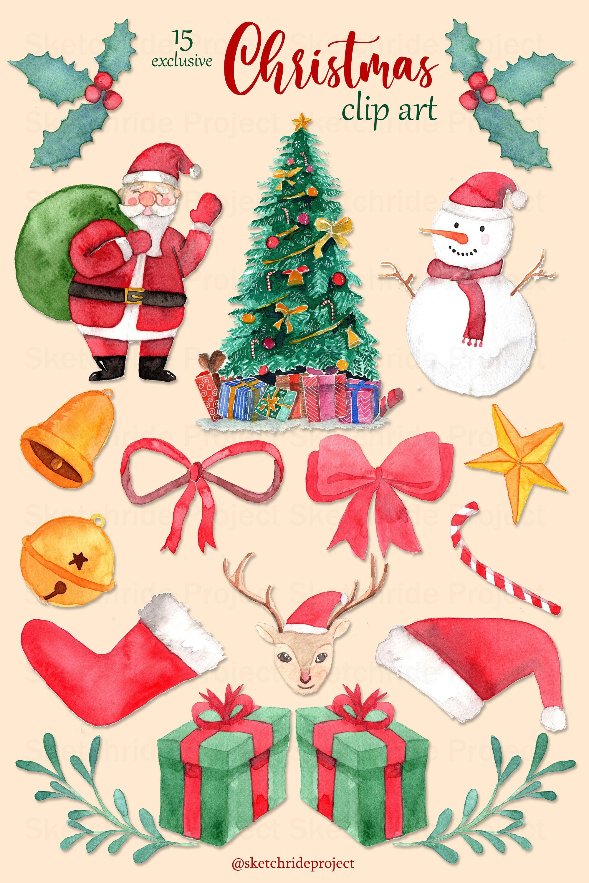 SALE - Watercolor Christmas Clipart - Christmas Items Download ...