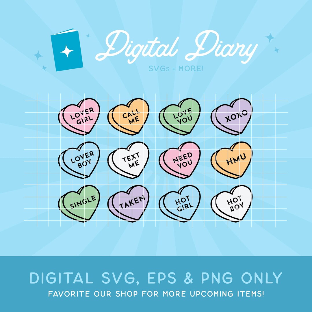 Candy Hearts Illustration SVG, EPS, PNG, Valentine's Day Art, Valentine ...