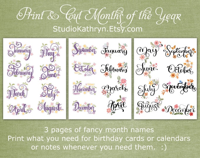 Months, Month Names, Calendar, Fancy, Word Art, Printable, Print & Cut ...