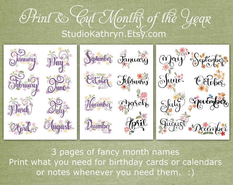 Months, Month Names, Calendar, Fancy, Word Art, Printable, Print & Cut ...