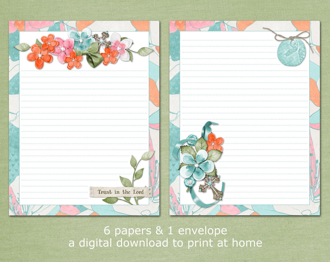 Letter Paper, Stationery, Printable, Digital Download, Envelope, 6 ...