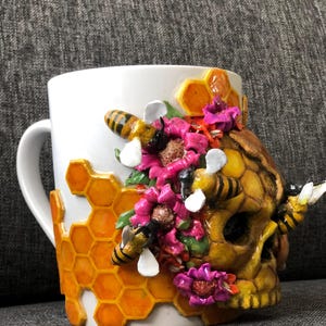 Honeycomb Beehive Skull Mug - Bee - Polymer Clay - Flowers - Sculpture ...