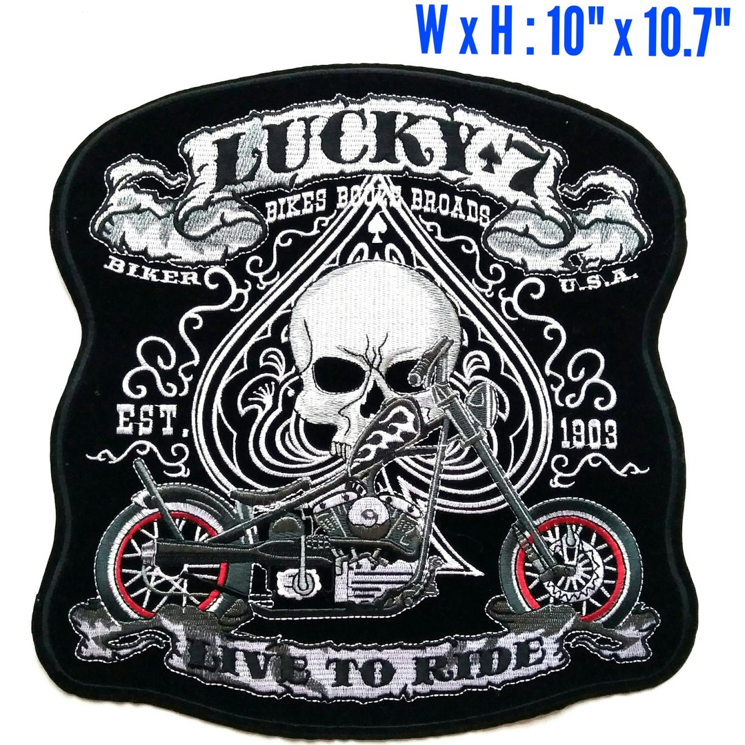 Lucky 7 Spade Skull Biker Patch - Live to Ride, Iron on (10x10.7 Inch ...