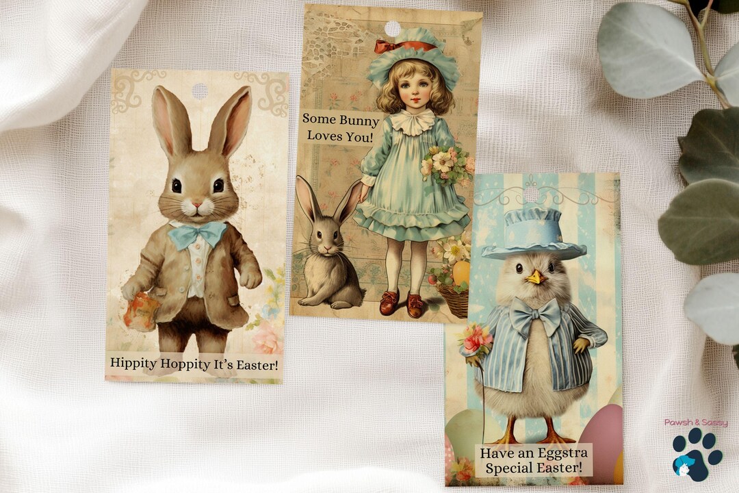 6 Printable Vintage Easter Gift Tags, Bunny Gift Wrap, Easter Basket ...