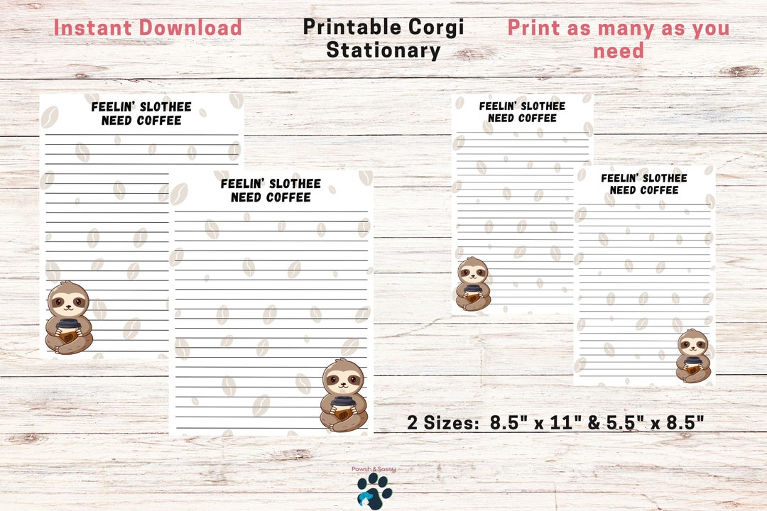 Sloth & Coffee Printable Notes Printable Paper Sloth Notes Sloth ...