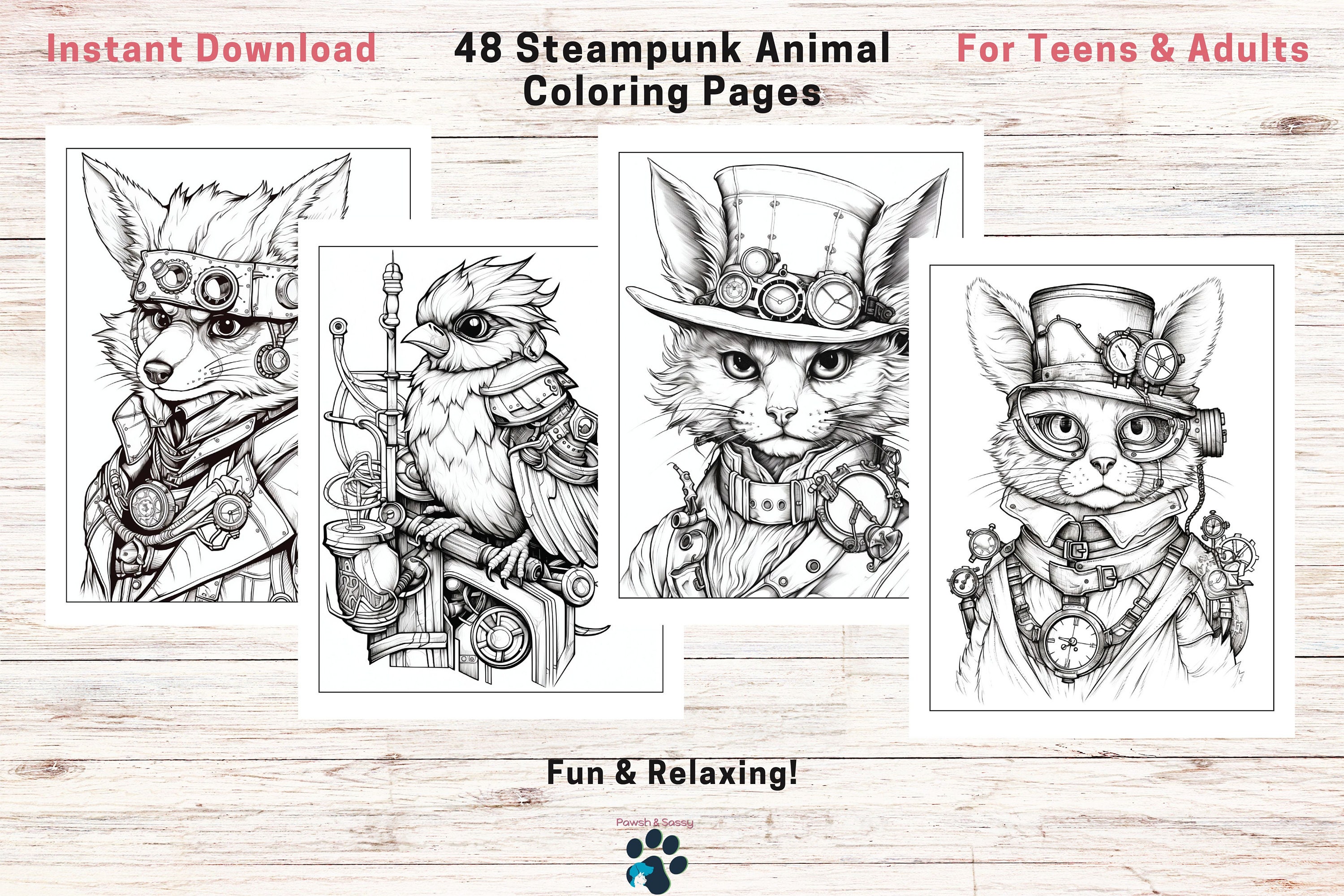 Printable Steampunk Animal Coloring Book Adult & Teen Coloring Relaxing ...