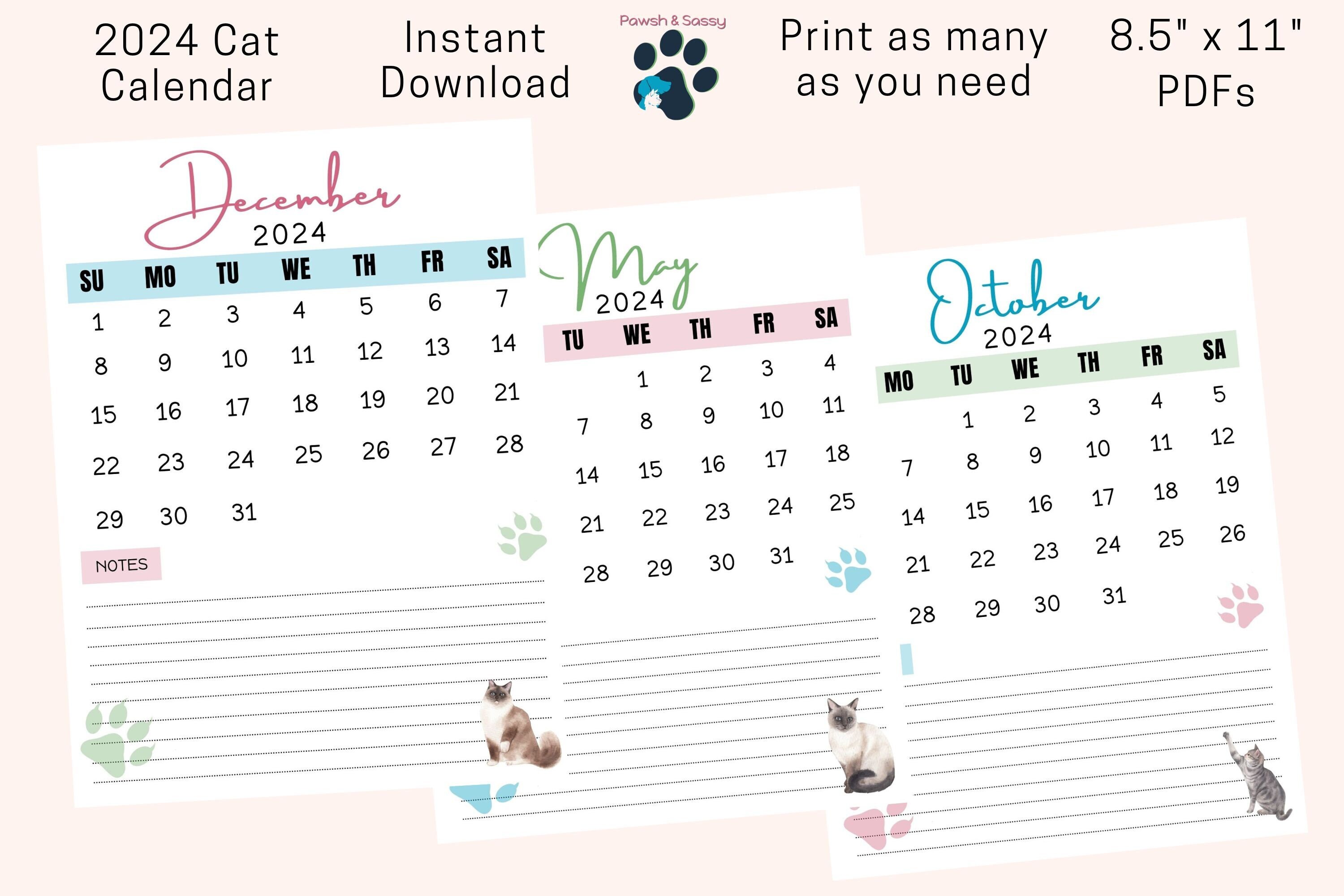 Calendario de gatos imprimible 2024 / Calendario de amantes de los ...