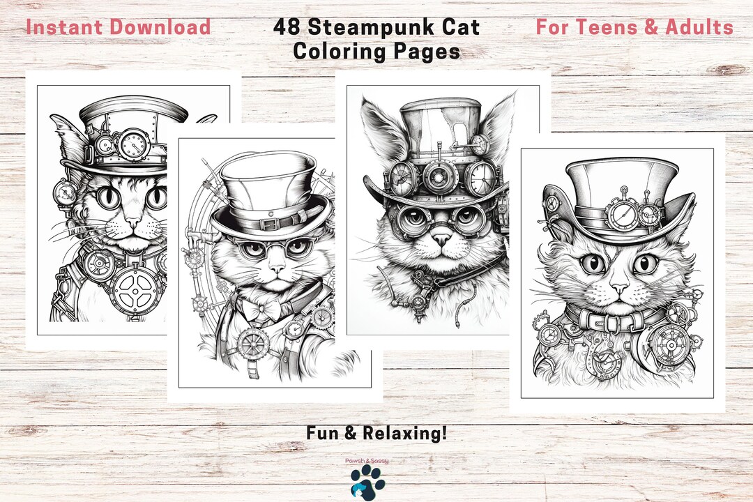 Printable Steampunk Cat Coloring Book | Adult & Teen Coloring Book ...