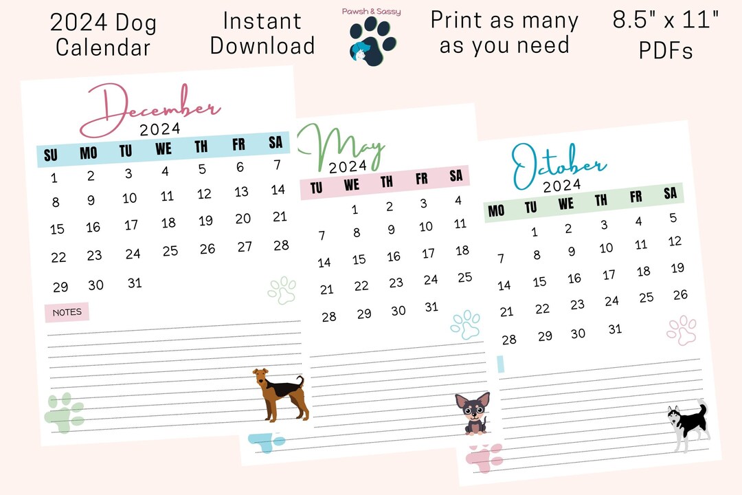 2024 Printable Dog Calendar Dog Lover Calendar Print at Home Calendar ...