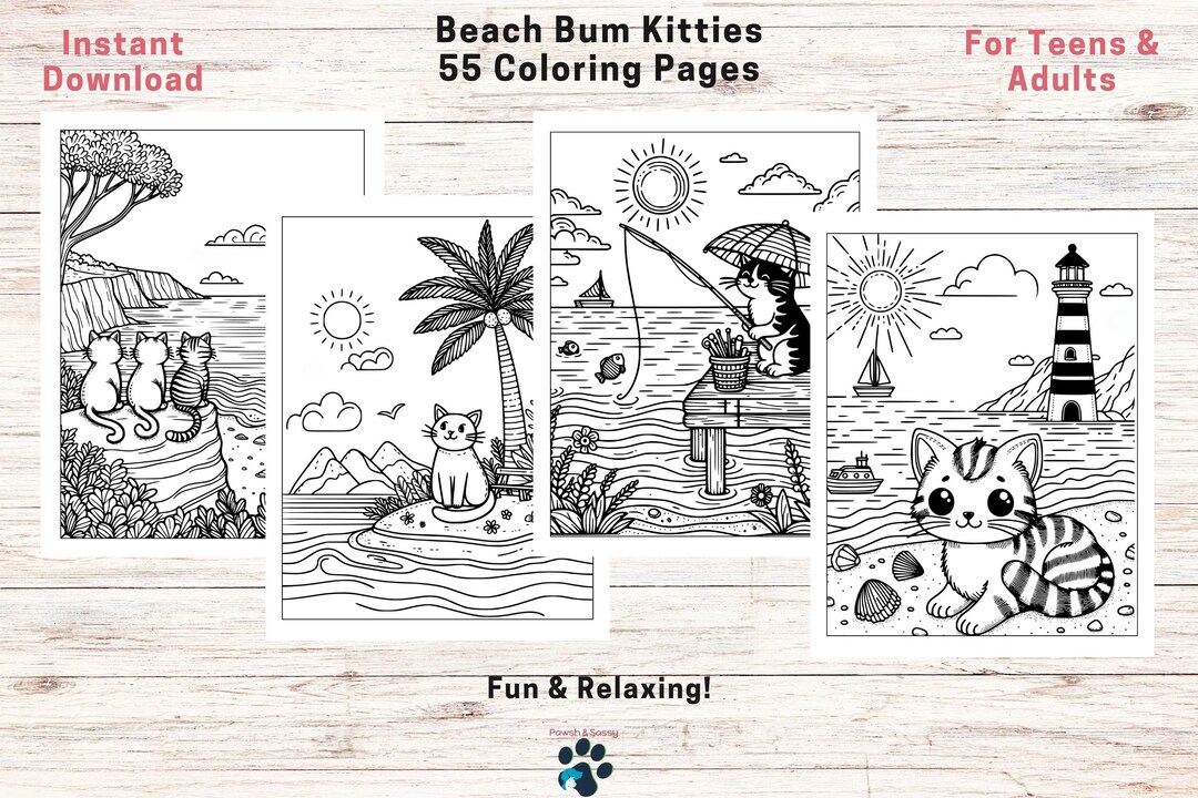 Printable Cats at the Beach Coloring Pages, Adult Coloring Book ...