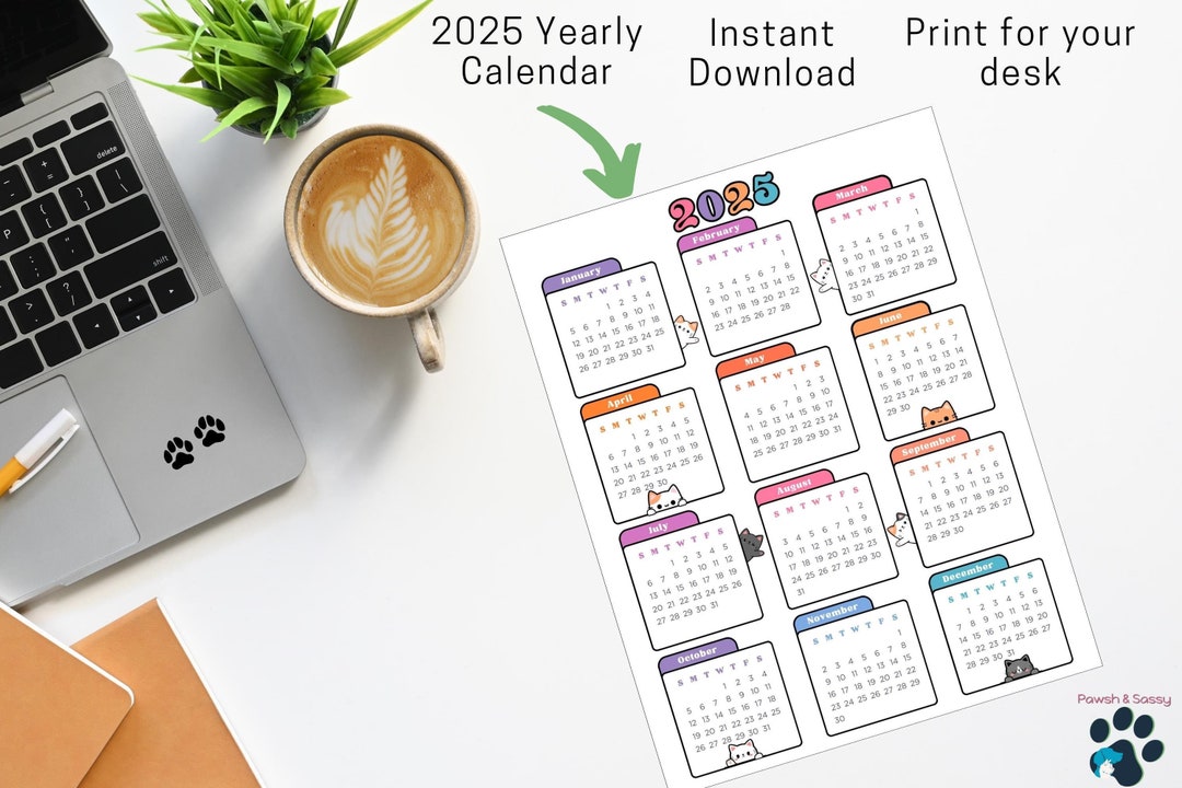 Printable 2025 Peeking Cats Calendar, Yearly Calendar, Annual Kitten ...
