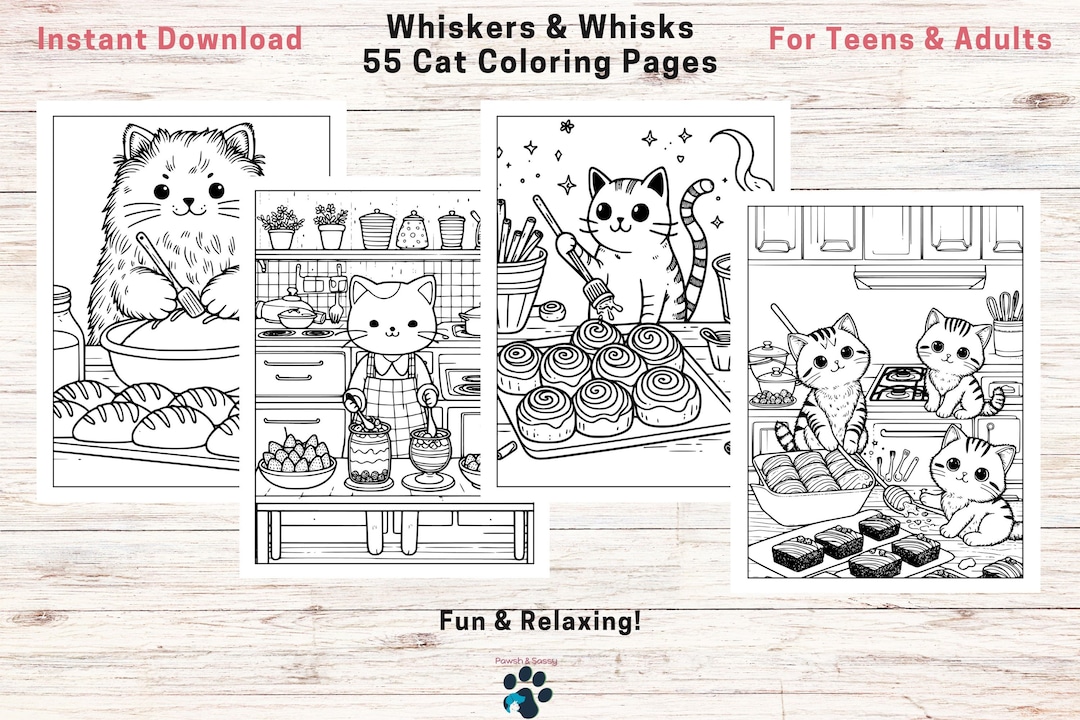 Printable Cat Coloring Pages, Adult Coloring Book, Cats Baking ...