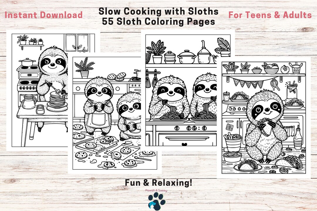 Printable Sloth Coloring Pages, Slow Cooking Sloths, Foodie, Baking ...