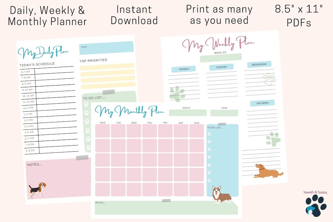 8.5" X 11" Daily, Weekly & Monthly Printable Planner With Dogs | Dog ...