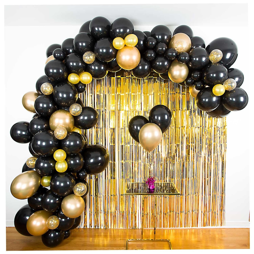 Black And Gold Balloon Arch And Garland Kit With Confetti And Fringe