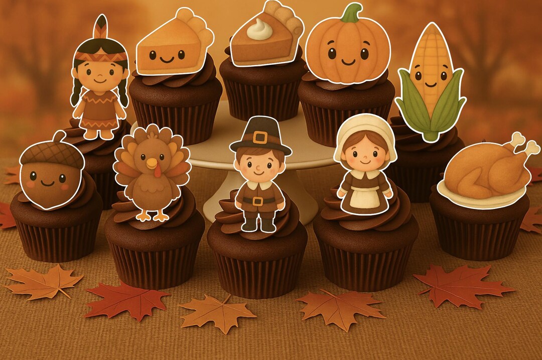 Thanksgiving Cupcake Toppers Cute Fall Harvest Party Decorations Turkey ...