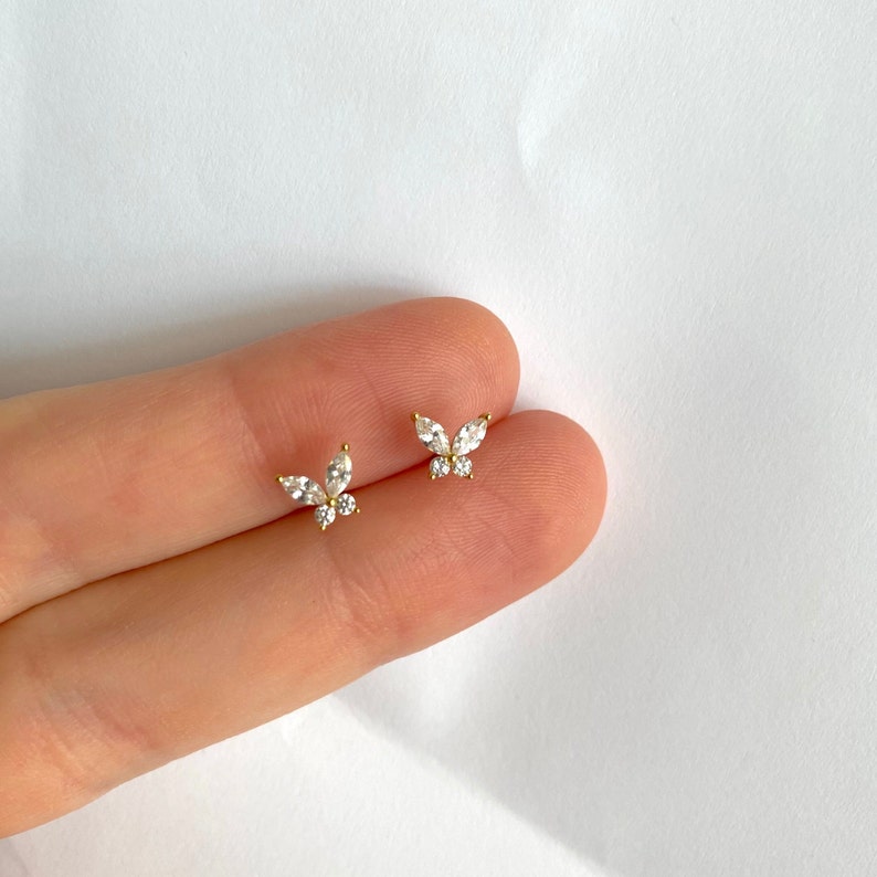 Butterfly Stud Earrings in Sterling Silver - Tiny CZ Butterfly Earrings ...