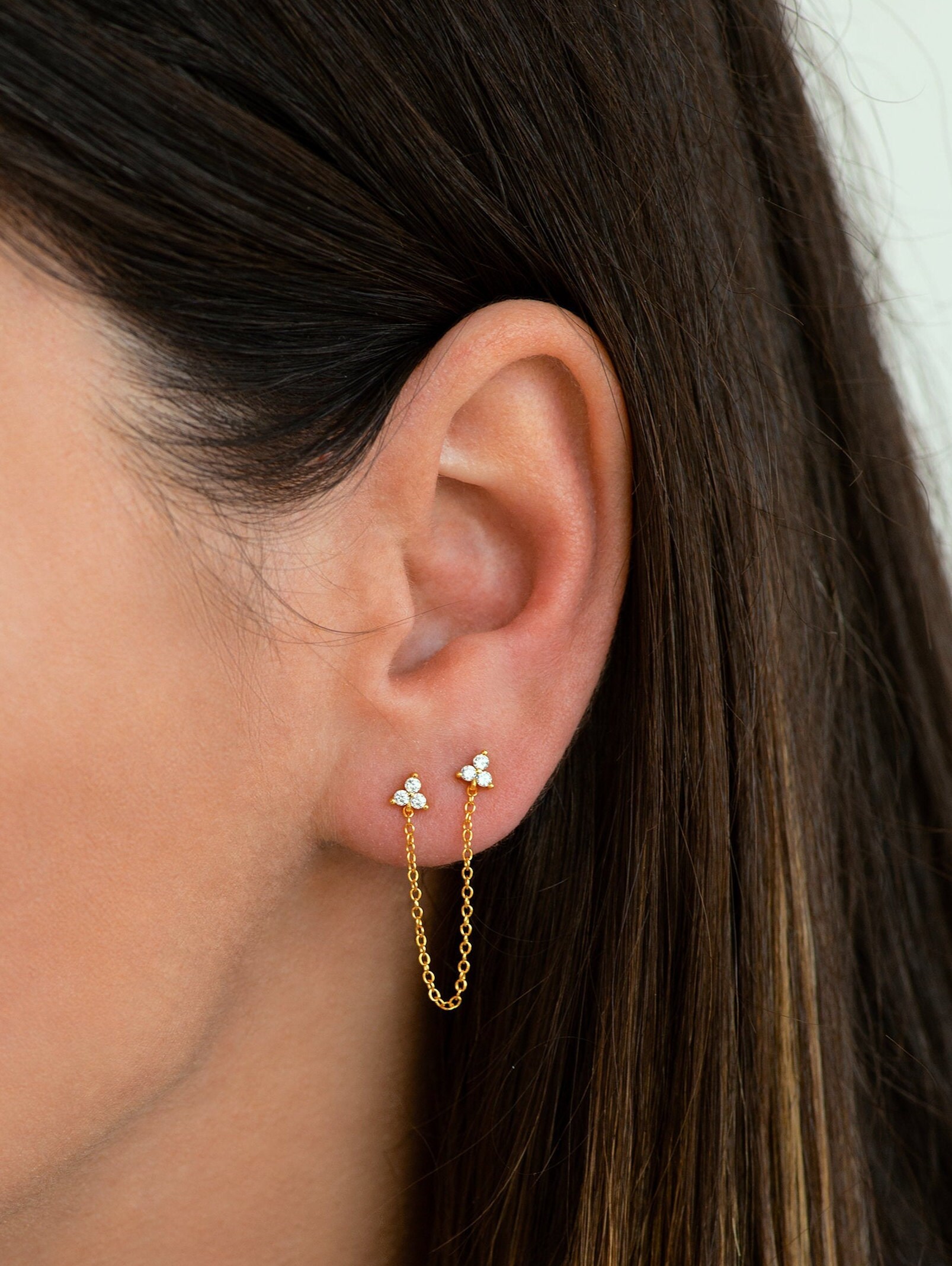 Double stud earring with chain Gold chain earrings Chain | Etsy