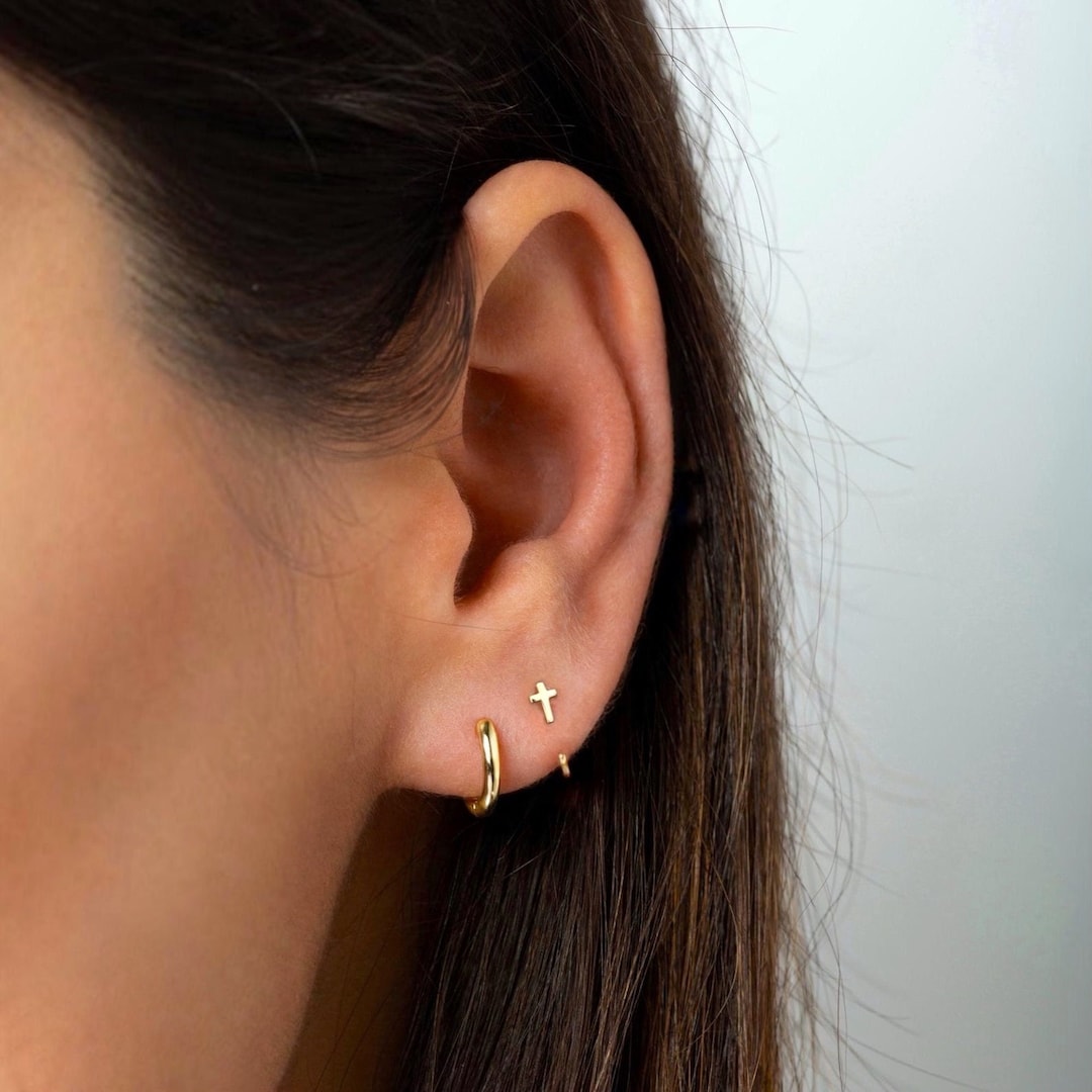 Tiny Cross Open Huggie Earrings - Cross Open Hoops - Tiny Hug Hoops ...
