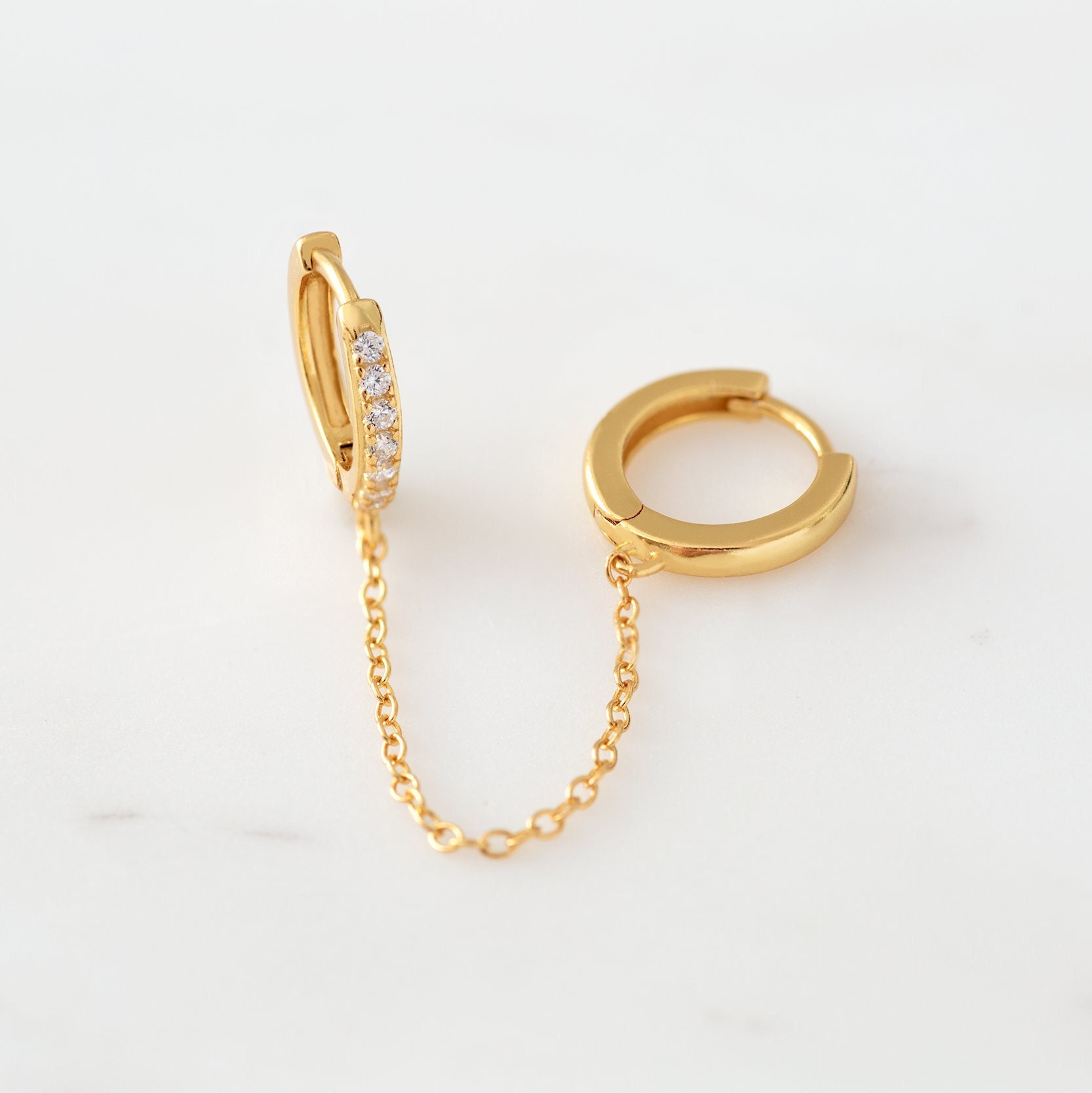 Double Hoop Earring With Chain Gold Chain Hoops Chain Hoop - Etsy