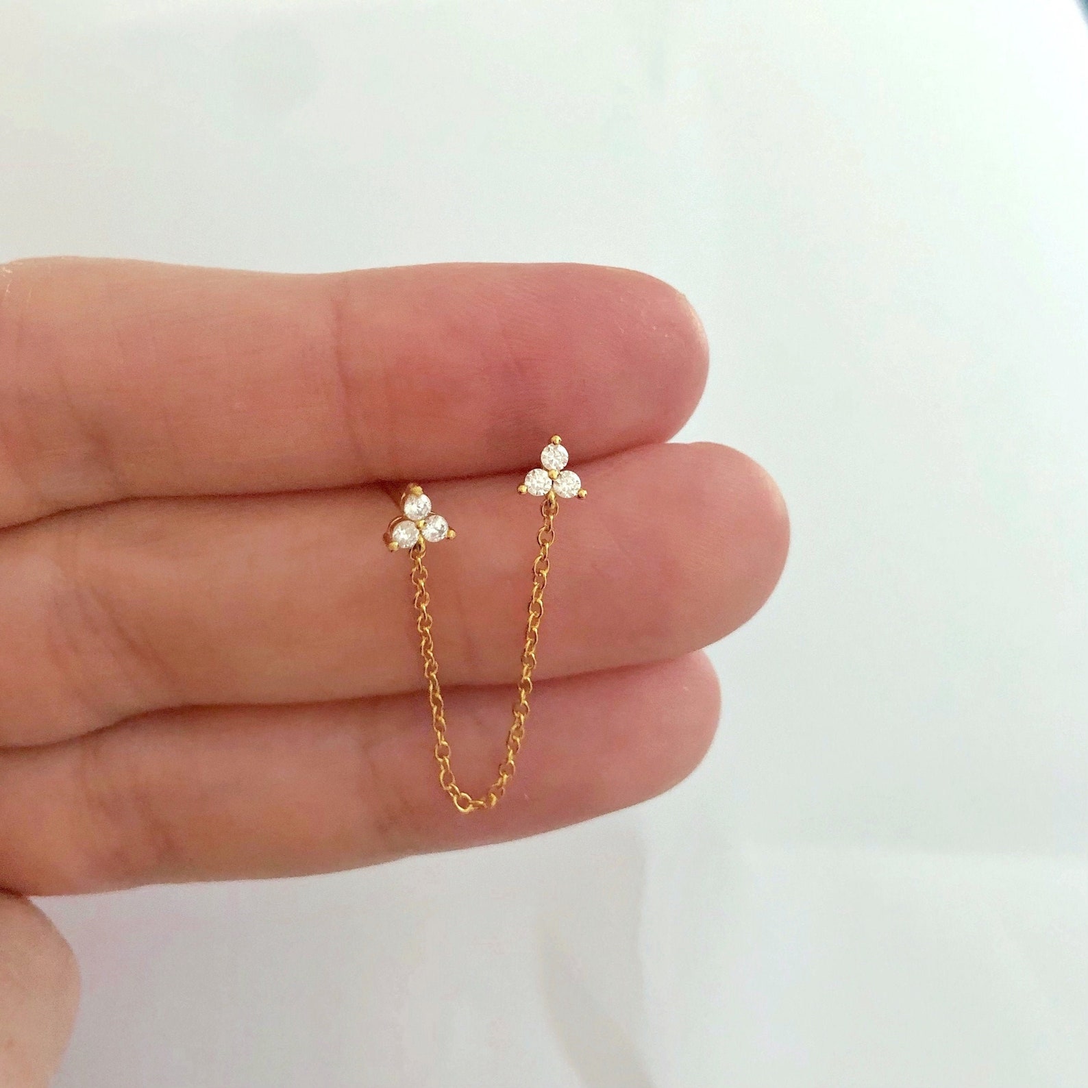 Double stud earring with chain Gold chain earrings Chain | Etsy