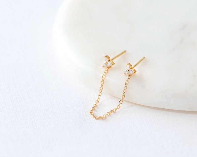 Double Stud Earring With Chain Gold Chain Earrings Chain - Etsy