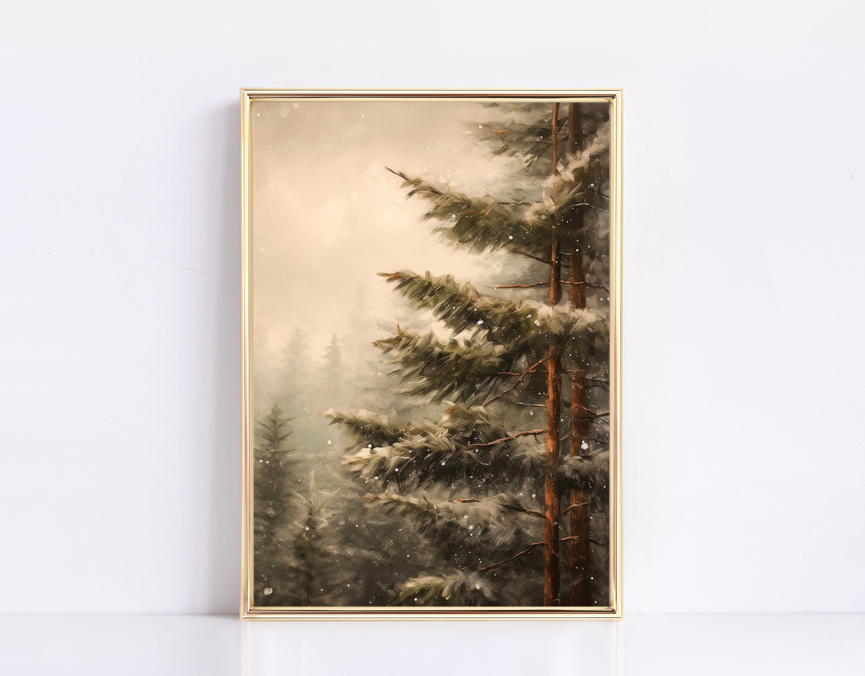 Creamy Snowy Tree Print Christmas Print Neutral Vintage Digital Print ...
