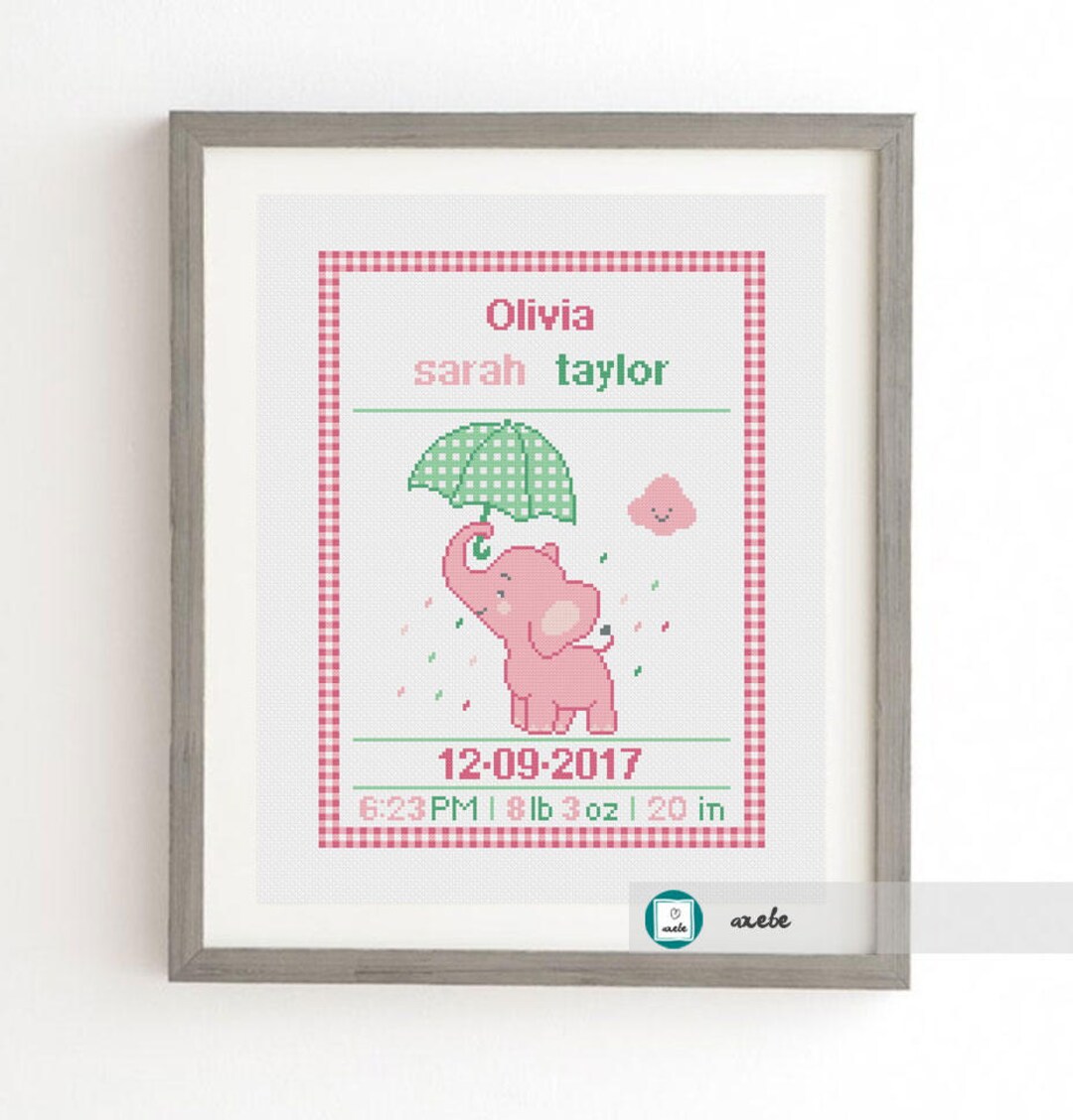 Cross Stitch Baby Girl Birth Sampler, Birth Announcement, Elephant With ...