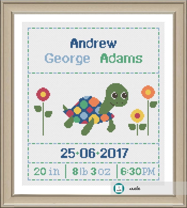 Cross Stitch Baby Birth Sampler Birth Announcement Turtle | Etsy