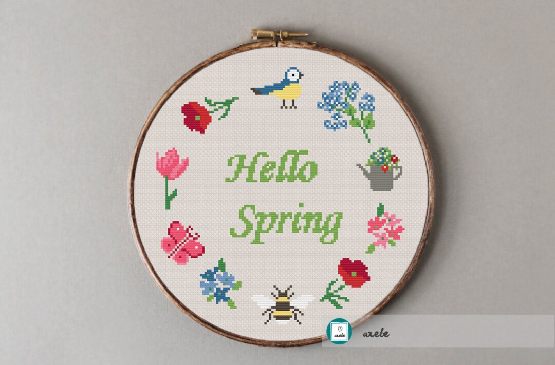 Hello Spring Wreath Cross Stitch Pattern, Modern Cross Stitch, DIY ...