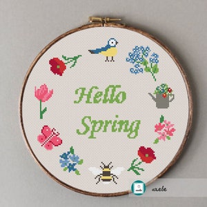 Hello Spring Wreath Cross Stitch Pattern, Modern Cross Stitch, DIY ...