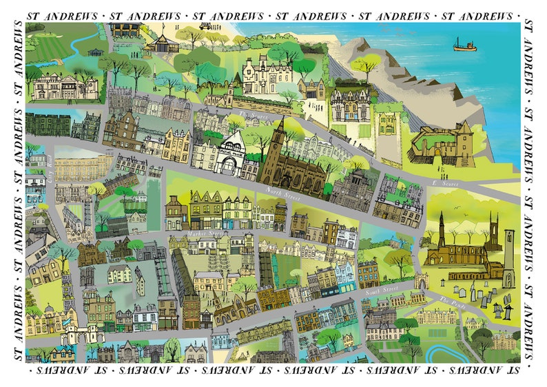 St Andrews Scotland Map Print Illustrated City Map Wall Art Travel