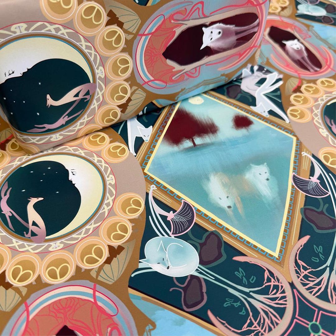 Art Nouveau Wolf Wrapping Paper Vintage Style Botanical Moon Stars and ...
