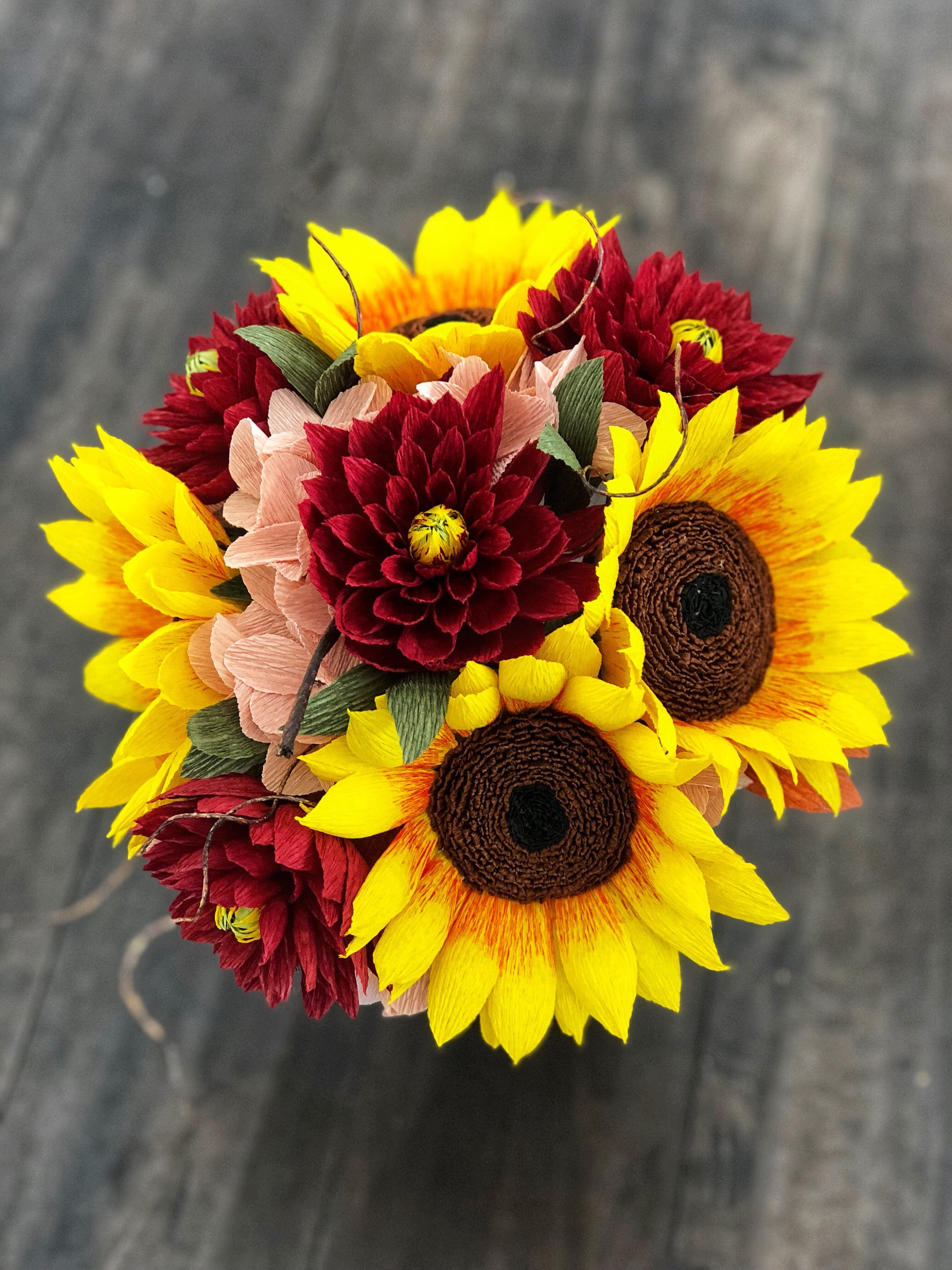 Handmade burgundy Dahlias and Sunflower bouquet made from | Etsy