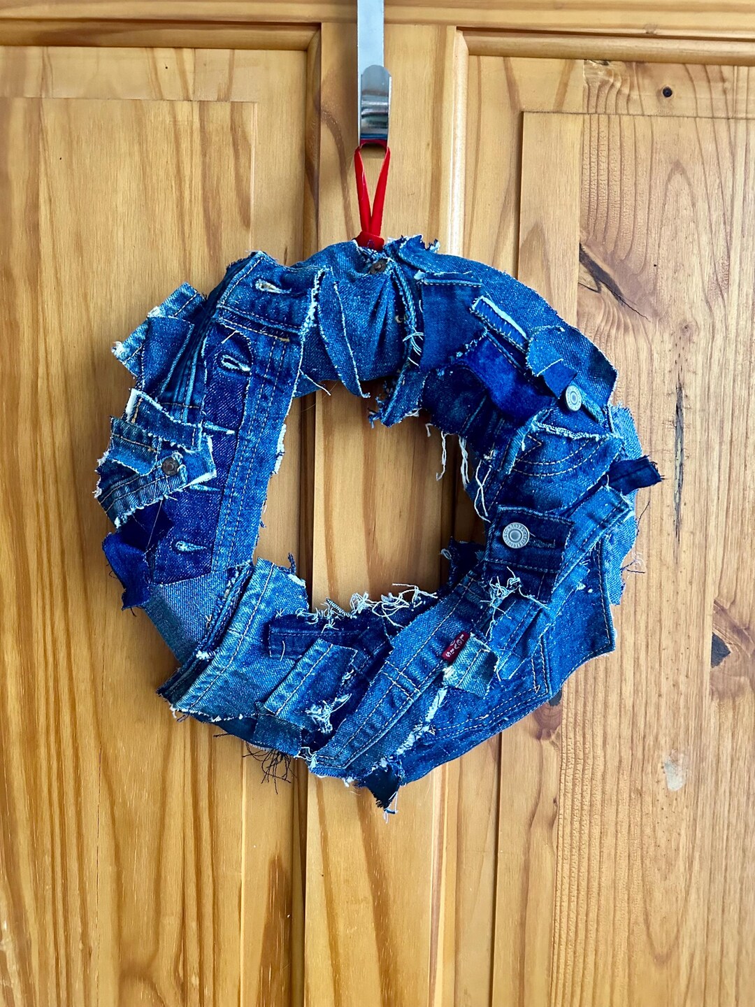 Upcycled Denim Christmas Wreath, Rustic Patchwork Holiday Decor (31cm ...