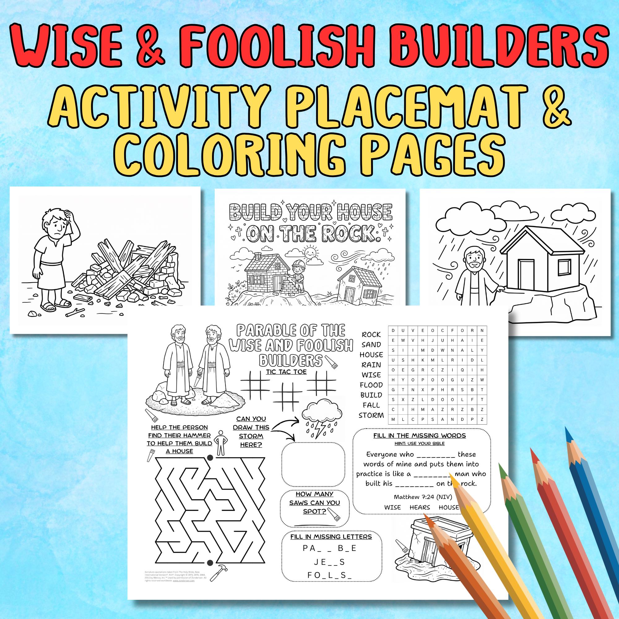 The Wise and Foolish Builders Parable Coloring Activity Placemat and ...