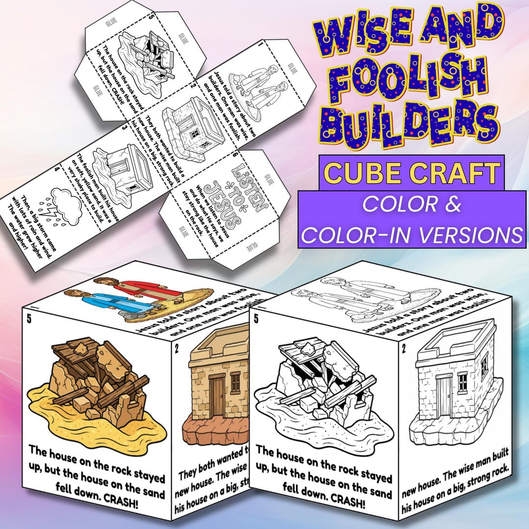 The Wise and Foolish Builders Parable Bible Coloring Cube Craft, Bible ...