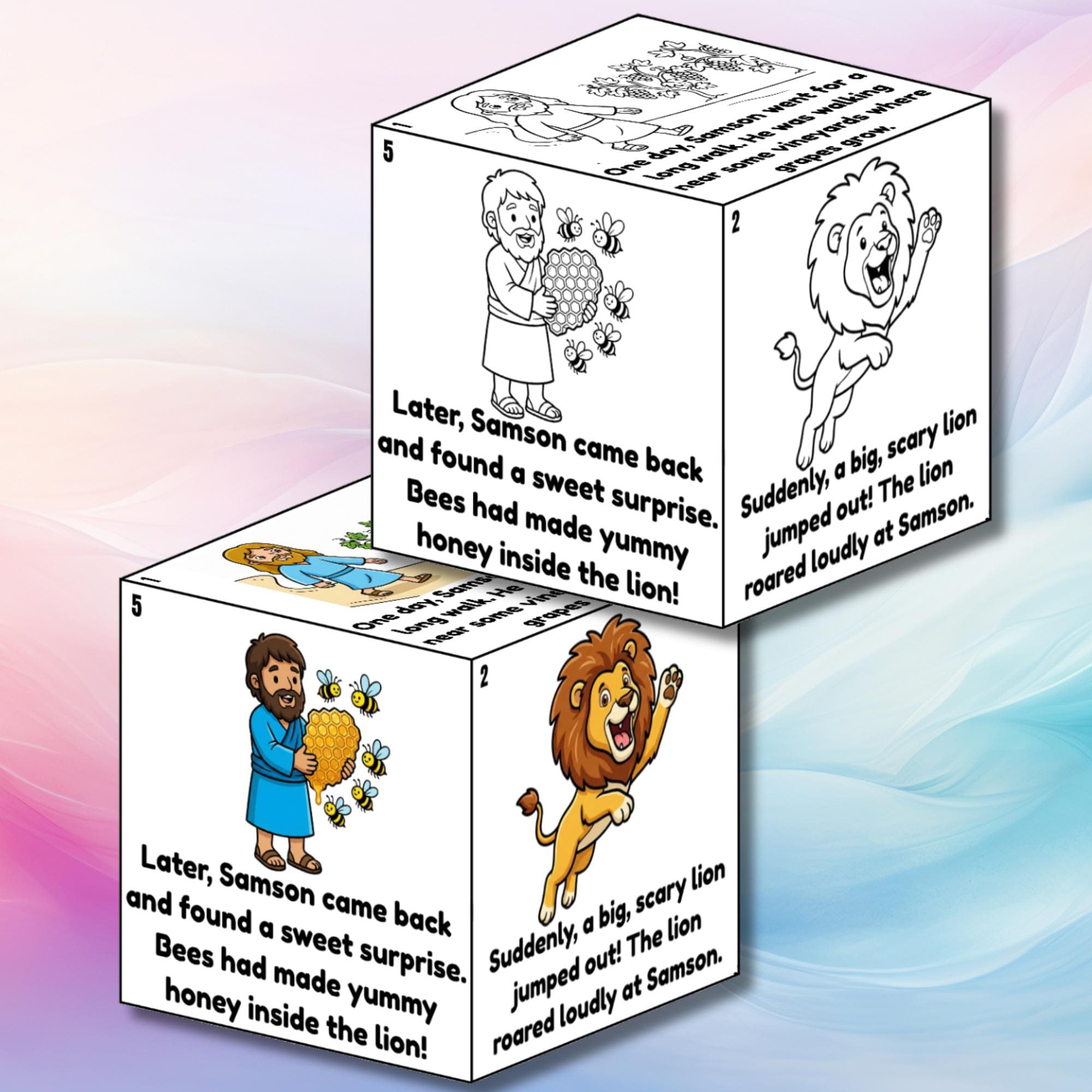 Samson and the Lion Bible Coloring Cube Craft, Bible Cube Activity ...