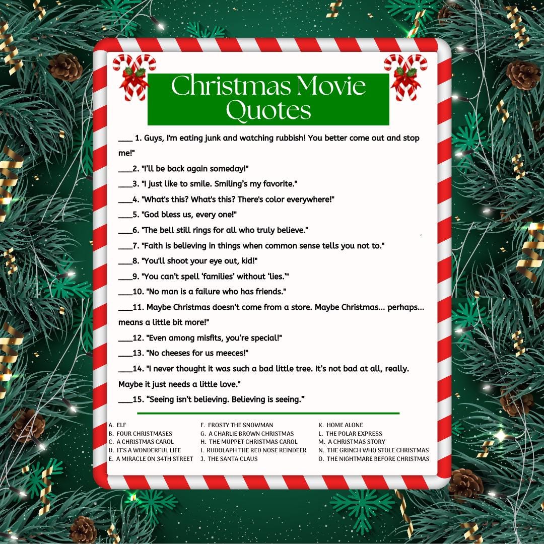 Christmas Movie Quote Trivia Game, Xmas Movies Quote Game, Christmas ...