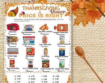 Thanksgiving Dinner Price is Right Printable Trivia Game, Group Game ...