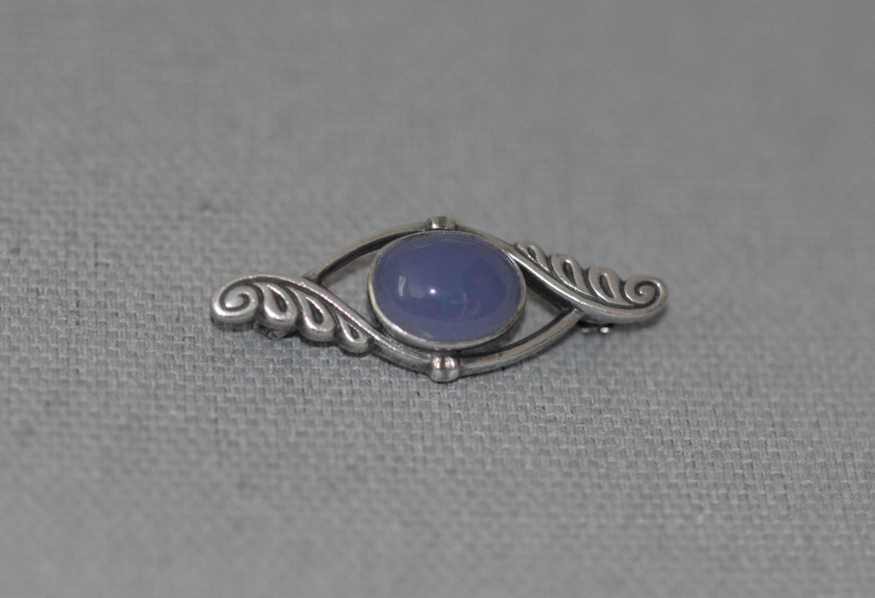 Vintage Silver Art Nouveau Style Bar Brooch With Blue Chalcedony Stone ...