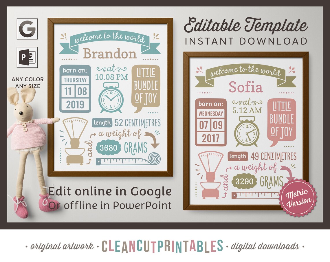 Metric BIRTH STATS Printable Wall Art Template Editable Birth ...