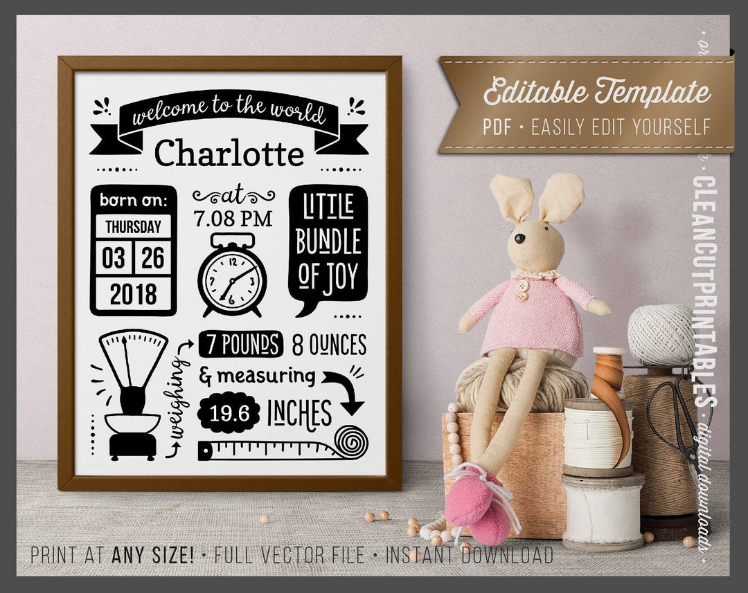 BIRTH STATS Printable Wall Art Template Editable Pdf Birth Announcement ...