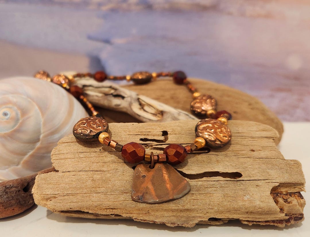 Pure Copper Textured Pendant and Earrings Beaded Necklace With ...