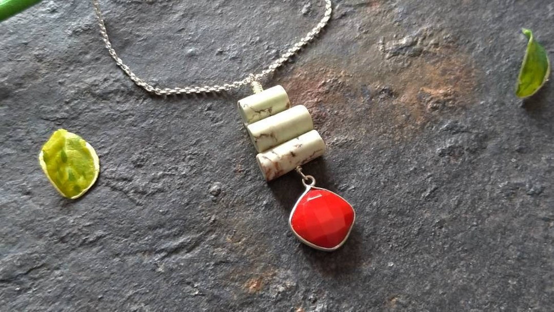 Red Coral and Chrysoprase Chain Necklace, Sterling Silver Necklace ...