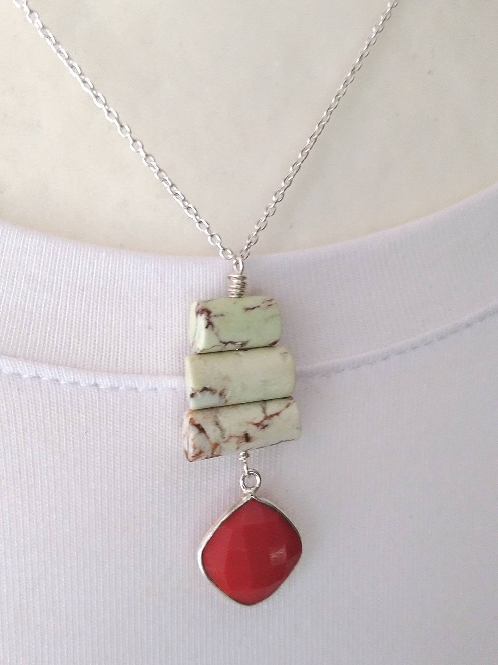 Red Coral and Chrysoprase Chain Necklace, Sterling Silver Necklace ...